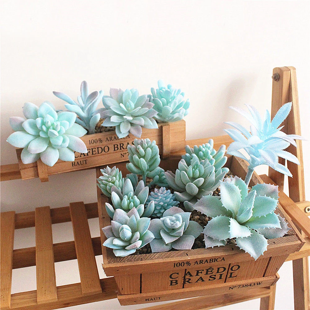 Blue Flocking Artificial Succulents Plants Flower Arrangement ...