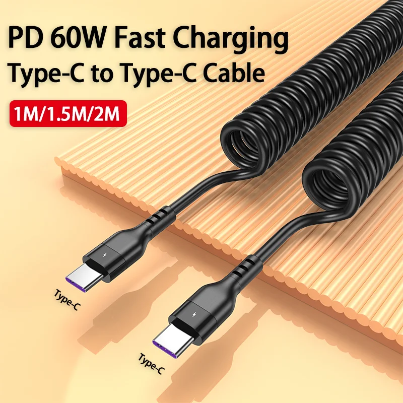PD 60W USB C to Type C 5A Fast Charging Type C Cable Spring Telescopic ...