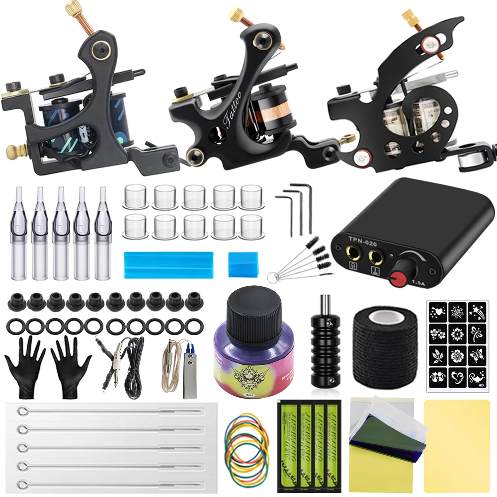 Coil Tattoo Machine Gun Kits Power Supply With Ink Tattoo Needles Grips ...