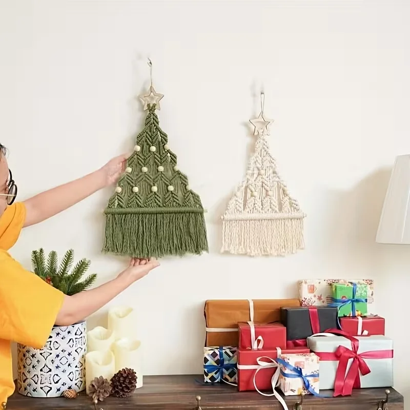 Aesthetic Woven Christmas Tree Macrame Tapestry Wall Hanging Pendant ...
