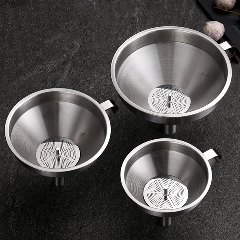 3pcs Funnel Set Stainless Steel Funnels Wide Mouth Oil Liquid Funnel With Filter Kitchen Funnel ...