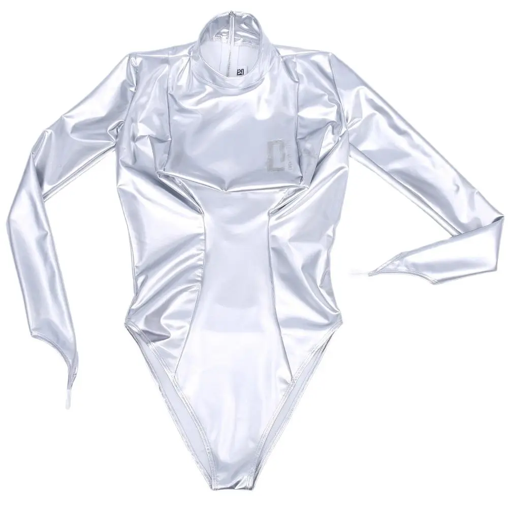 Wet Look PVC Catsuit Shiny High Cut Leotard 3D Chest Splicing Skinny ...