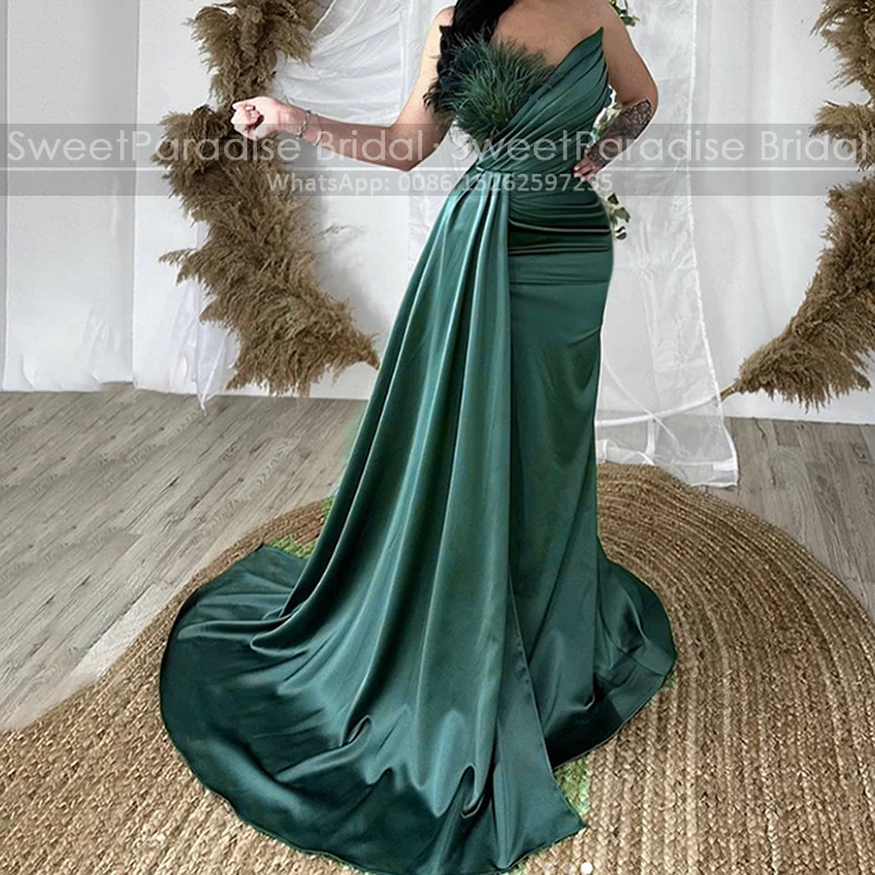 Emerald Green Feather Prom Dresses Pleat Mermaid Long Streamer Sheath ...