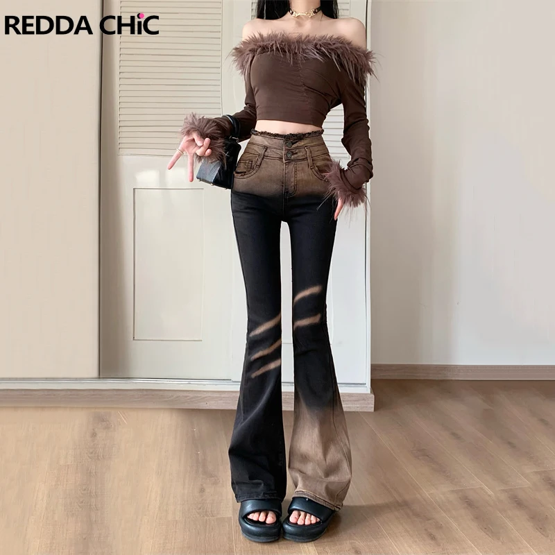 REDDACHiC Two Tone Gradient Flare Jeans Women Distressed Bootcut Pants ...