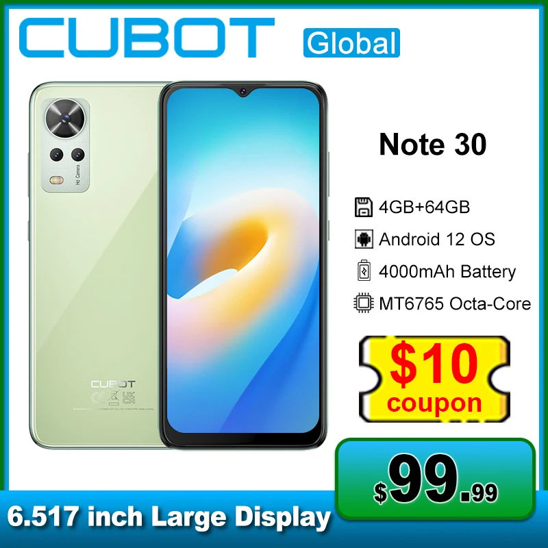 Cubot Note 30 스마트폰, 안드로이드 12, 6.517 인치 디스플레이, 4GB + 64GB, 20MP 카메라 ...