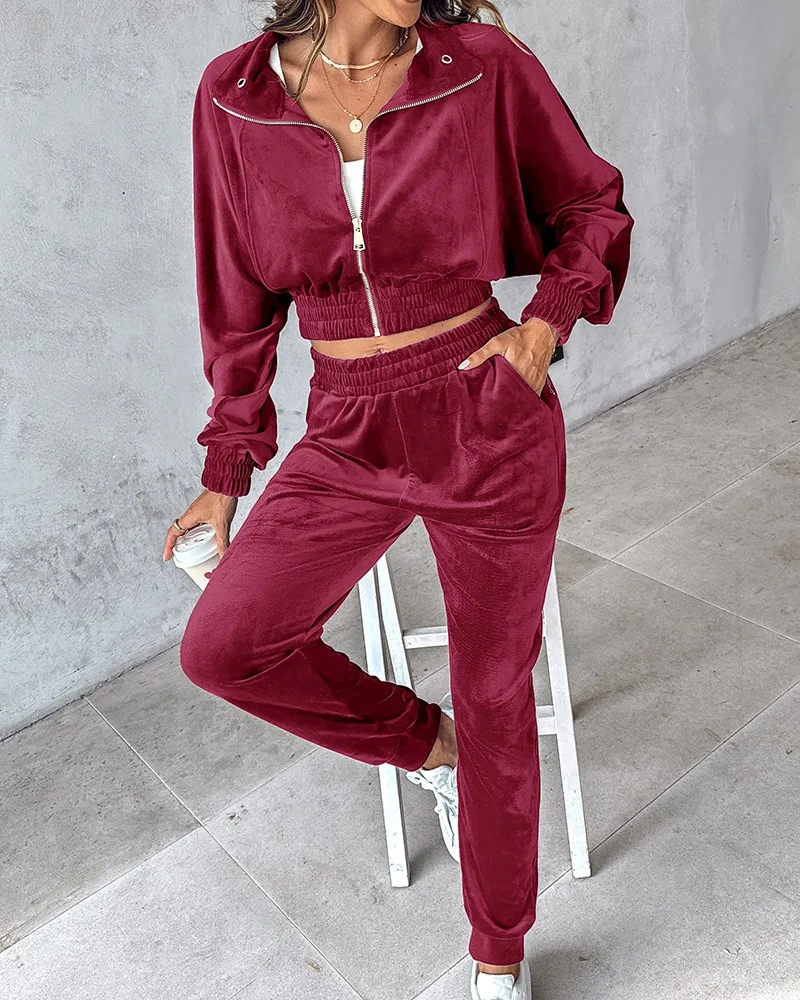 Velvet Tracksuit Women Two Piece Set Autumn Zipper Crop Top and Pants ...