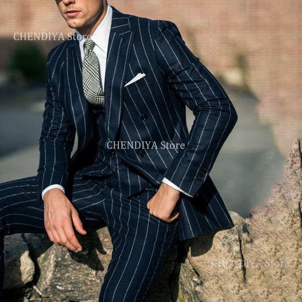 Formal Striped Men Suits Handsome Peak Lapel Double Breasted Outfit ...