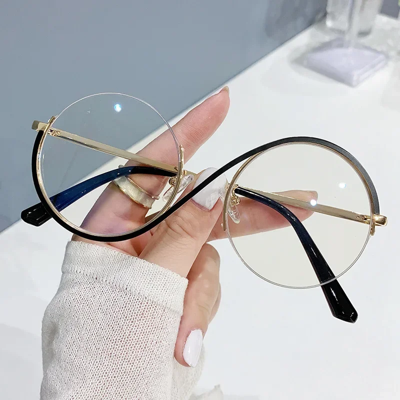 New-Fashion-Round-Semi-Rimless-S-Shape-Women-EyeGlasses-Big-Frame-Clear ...