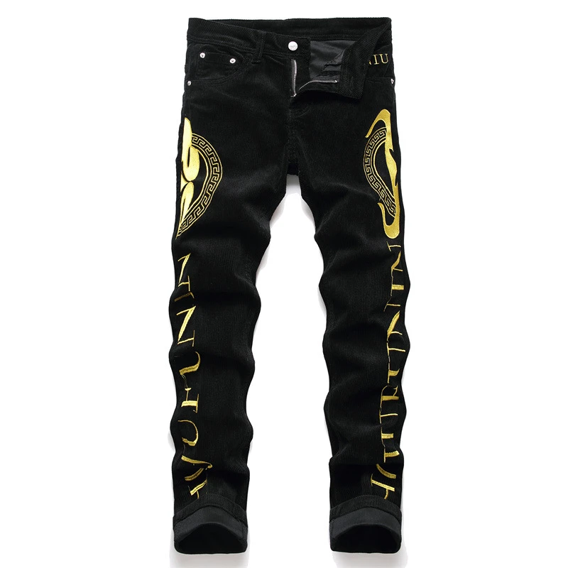 Black Embroidered Denim Pants Mens | Mens Embroidered Corduroy Pants ...