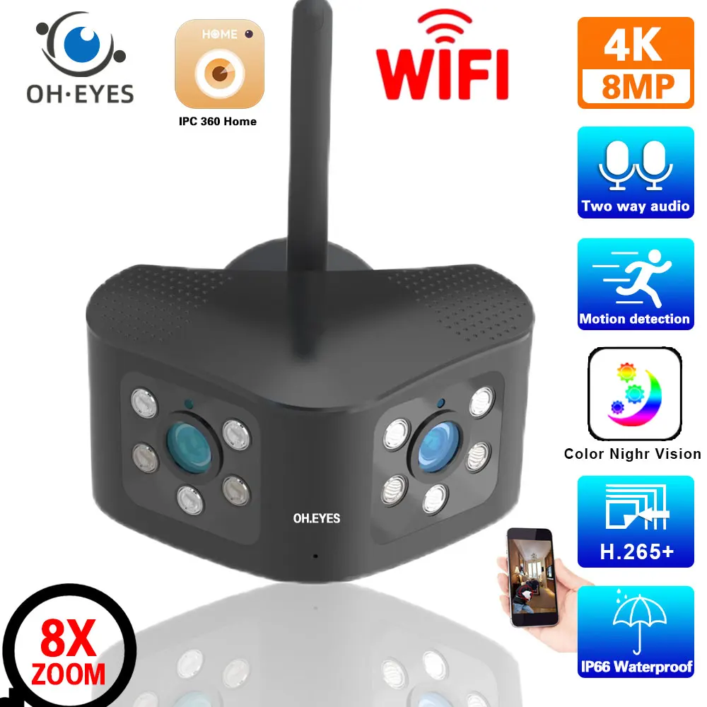 4K Dual Lens CCTV Wifi Surveillance IP Camera Outdoor 8MP 180°Ultra ...