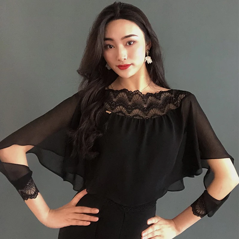 Ballroom-Dance-Clothes-Black-Lace-Tops-Women-Long-Sleeves-Flowing-Mesh ...