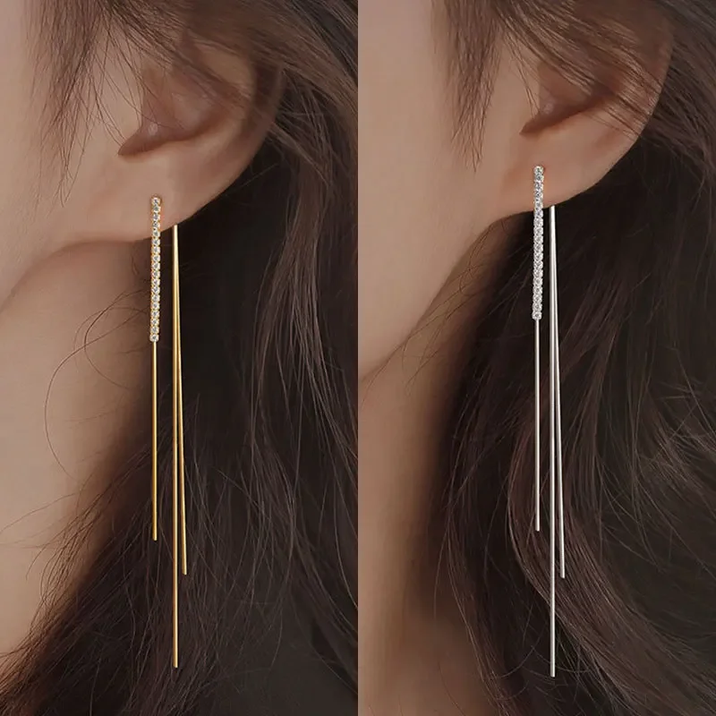 Trend Gold Silver Color Long Zircon Earrings Wire Tassel Chain Drop ...