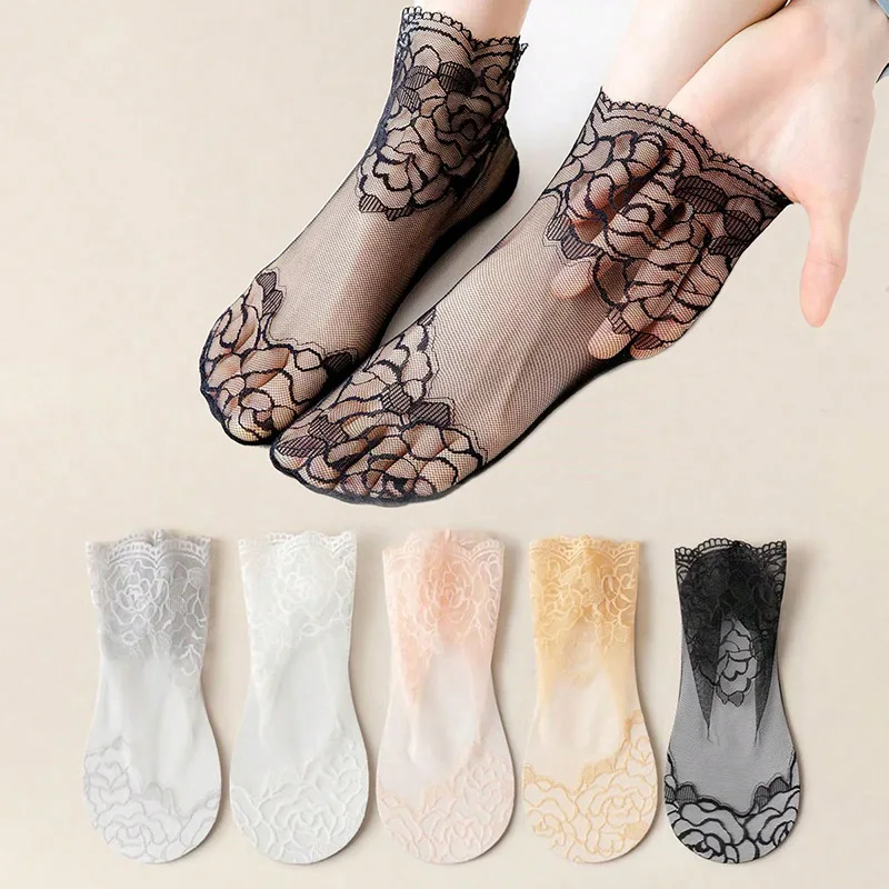 5 Pairs Women Transparent Socks Lace Flower Summer Invisible Ruffle ...