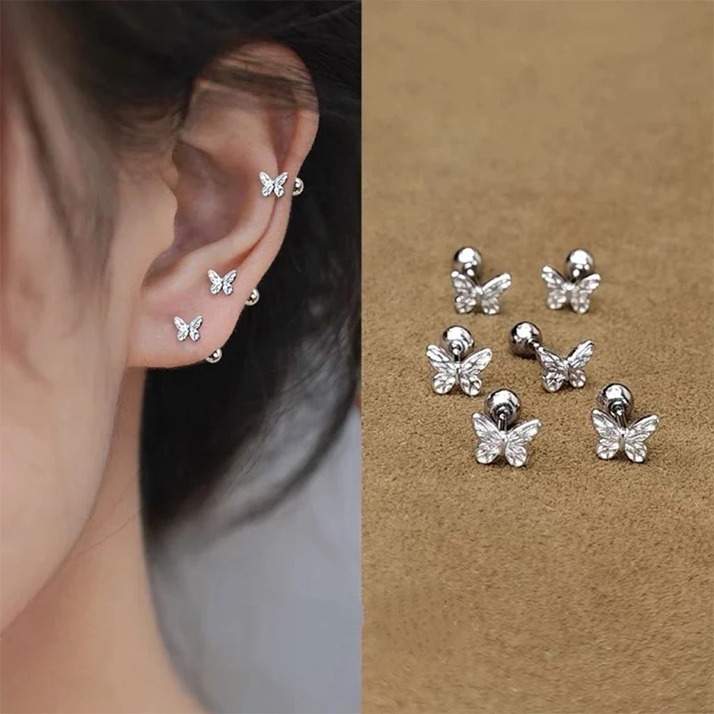 1 Pair Lovely Butterfly Stud Earrings For Women Screw Ball Ear Bone ...