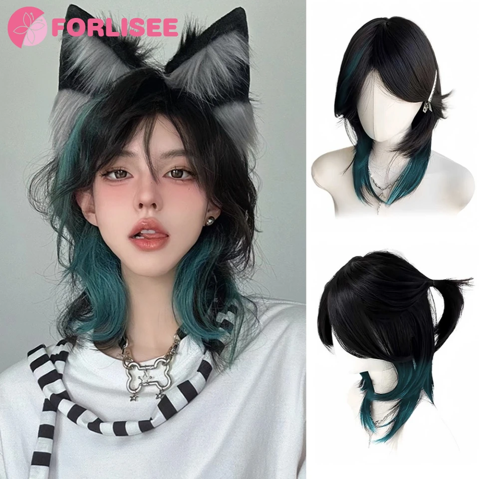Synthetic Wolf Tail Warrior Head Wig Green Highlight Hanging Ear Middle ...