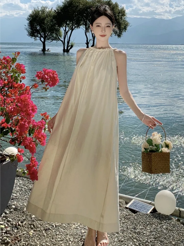 Women-s-Fashion-Apricot-Hanging-Neck-Sleeveless-Pleated-Maxi-Dress ...