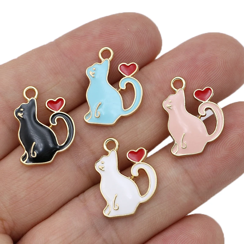 10Pcs Gold Plated Pink Enamel Cat Charms Pendant Jewelry Making ...