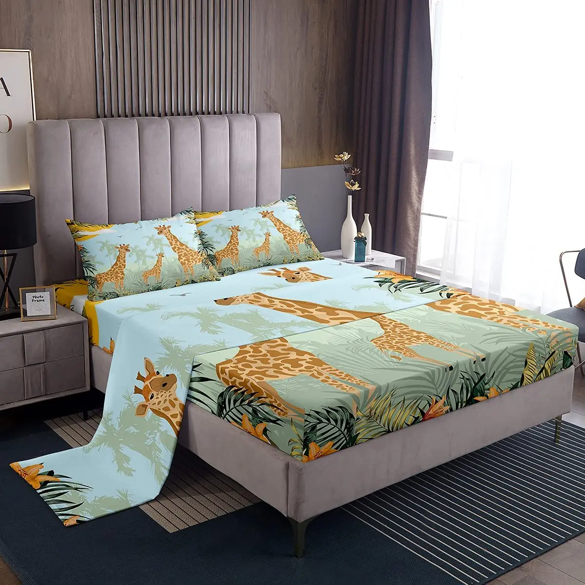 Giraffe-Bed-Sheet-Set-Tropic-Giraffes-Tallest-Neck-Animal-Plant-Bedding ...