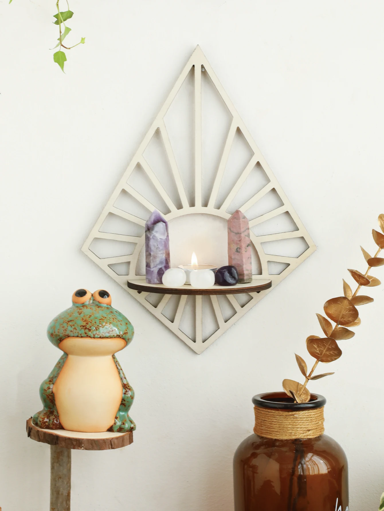 Wooden-Shelf-Sun-Rhomboid-Carved-Display-Stand-Crystal-Stone-Holder ...