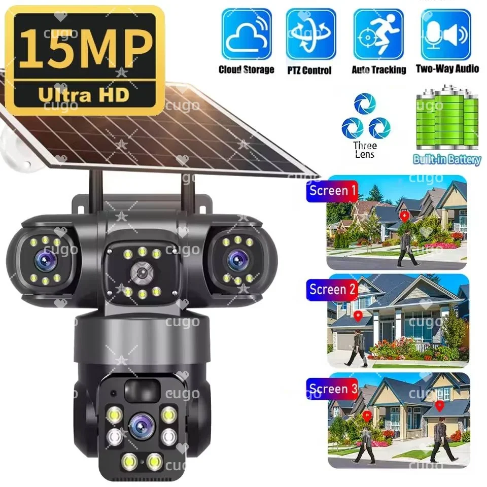 15MP 8K Wifi IP Camera Solar Outdoor Waterproof Three Lenses Camera HD ...