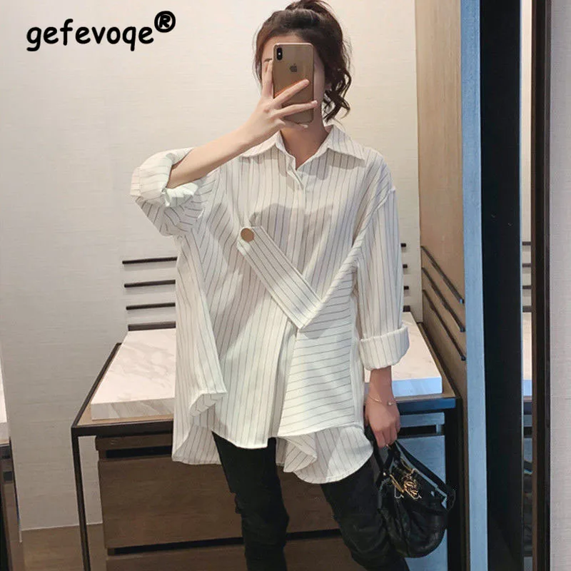 Spring-Women-Striped-Irregular-Shirt-Design-Korean-Lady-Temperament-Mid ...