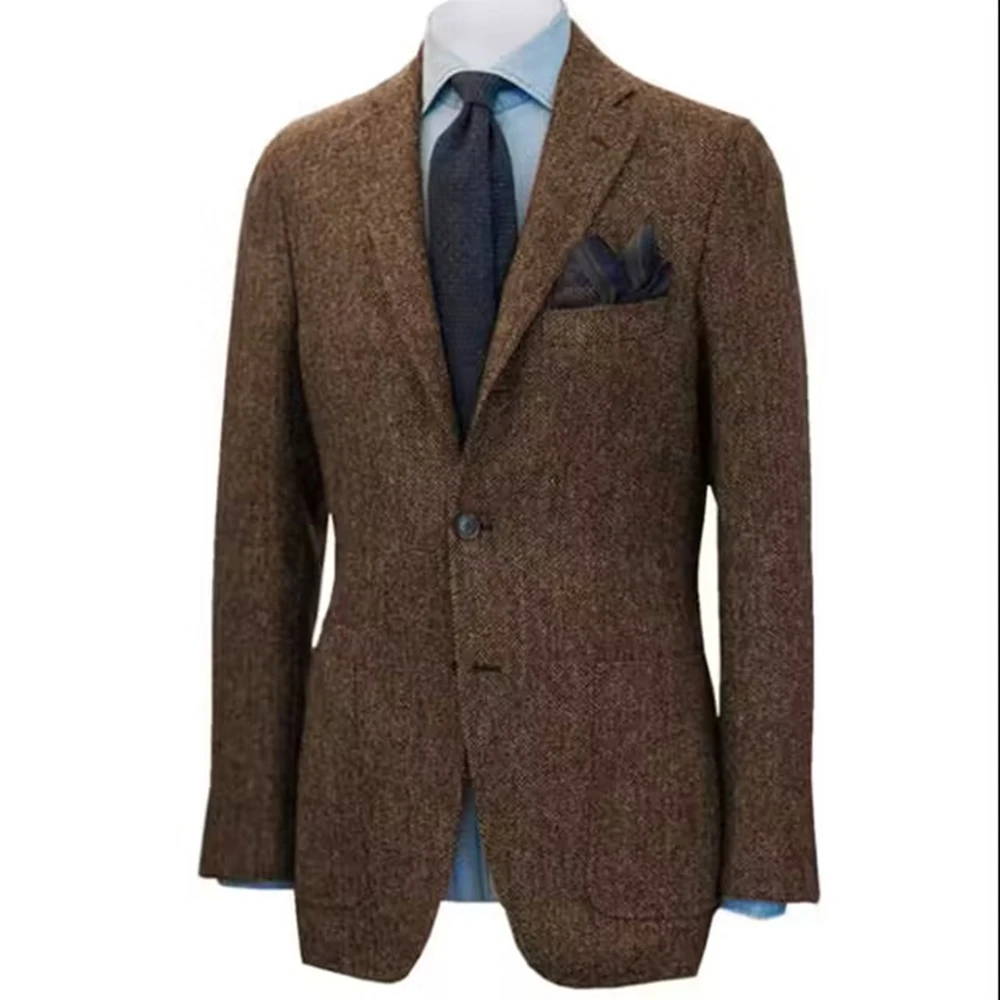 Men's Suit Brown Herringbone Blazer Prom Tuxedos Wool Tweed Single ...