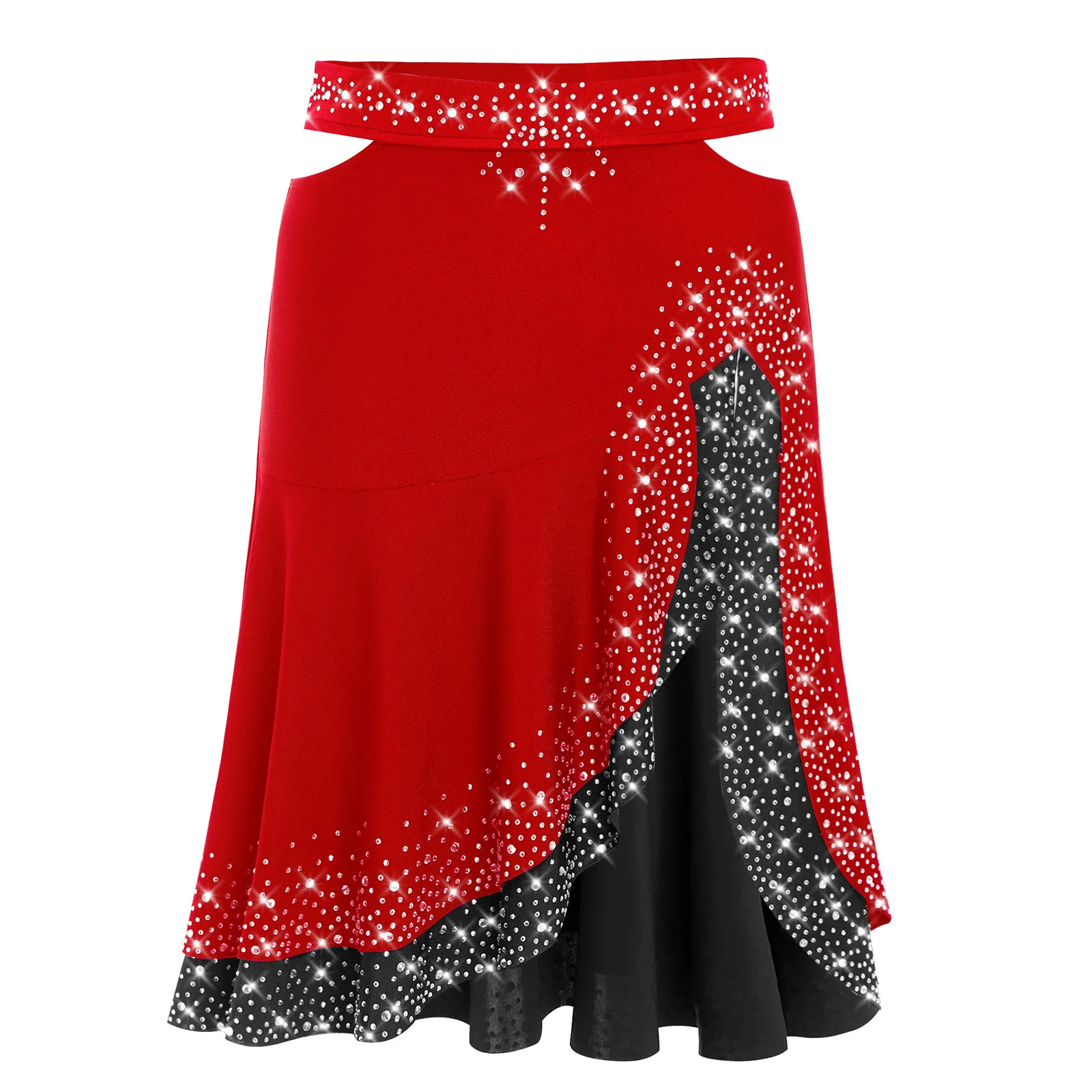 Jazz Latin Dance Skirt Womens Shinny Rhinestones Color Contrast Sides ...