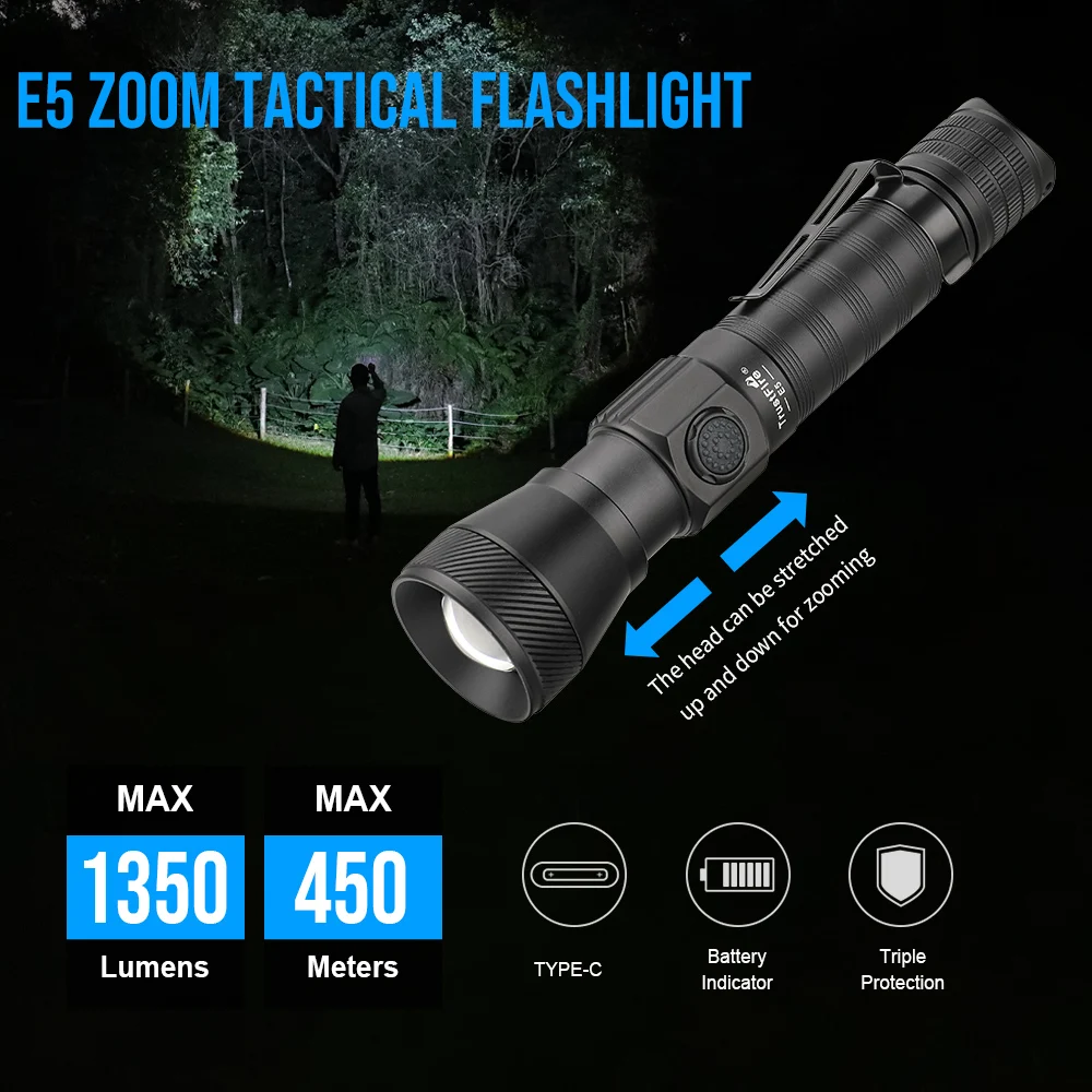 Trustfire E5 Zoomable LED Flashlight 1350LM 450M Army Tactical Lamp ...