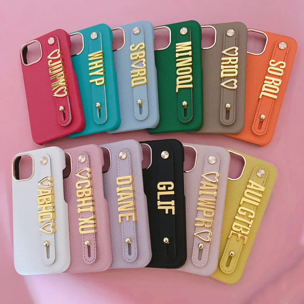 Personalized Cover Luxury Leather Custom Name Metal Letters Phone Case ...