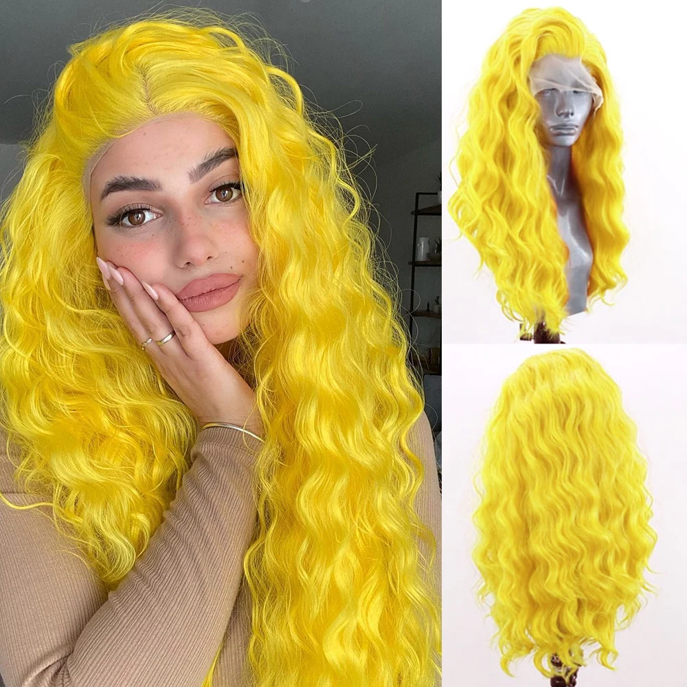 Fanxition Yellow Wig Long Water Wave Synthetic Wig Wavy Lace Front Wig ...