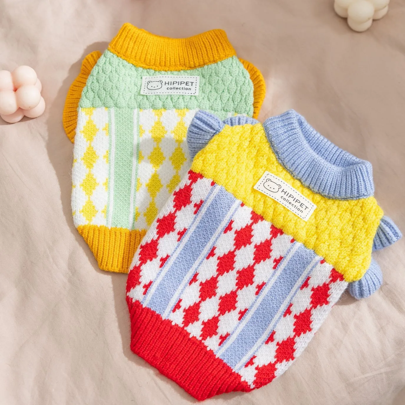 Pet Autumn and Winter Thick Warm Knitted Checkered Sweater Teddy Pet ...