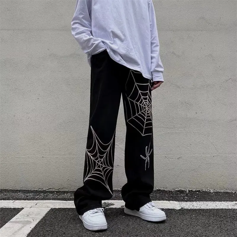Spider-Web-Embroidery-Straight-Casual-Jean-Pants-Men-and-Women-Vibe ...