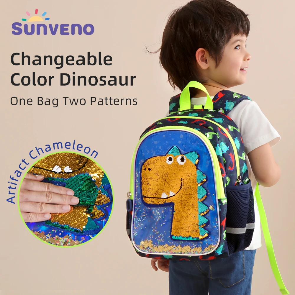 Sunveno Dinosaur Kids Backpack Reversible Sequins for Preschool Early ...