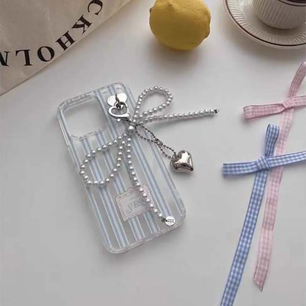 Fashion-Pearl-Plaid-Ribbon-Bow-Key-Chain-Cartoon-Soft-Balletcore ...