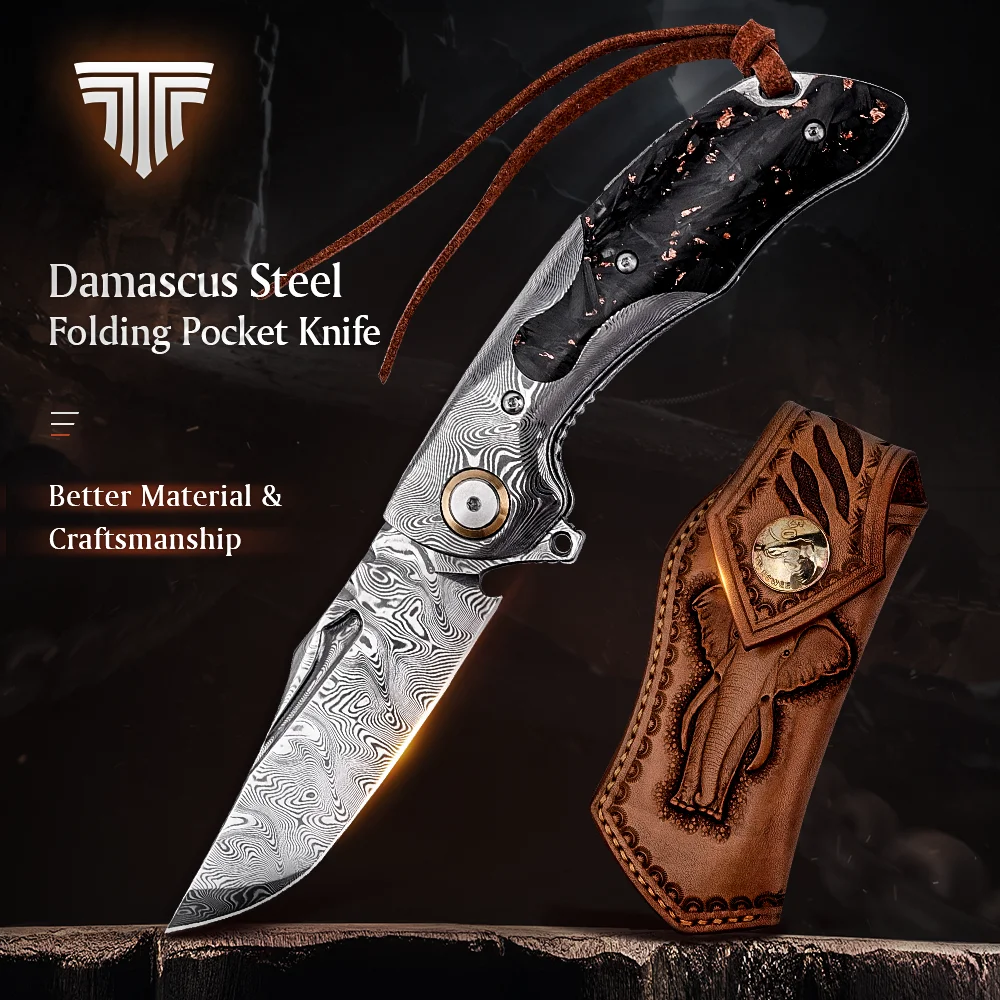 TRIVISA-Damascus-Steel-Pocket-Folding-Knife-Camping-Hunting-Outdoor-EDC ...