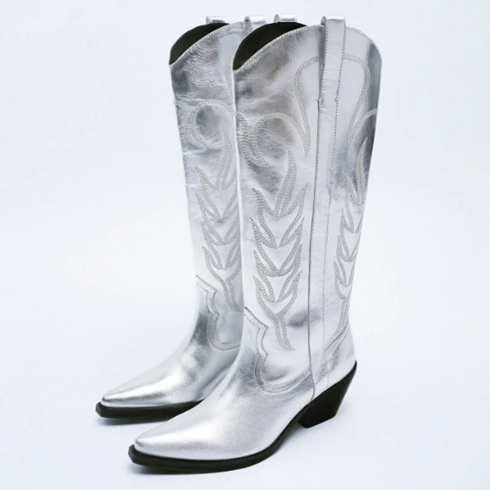Silver-Metallic-Western-Cowboy-Knee-high-Boots-For-Women-2023-Shiny ...