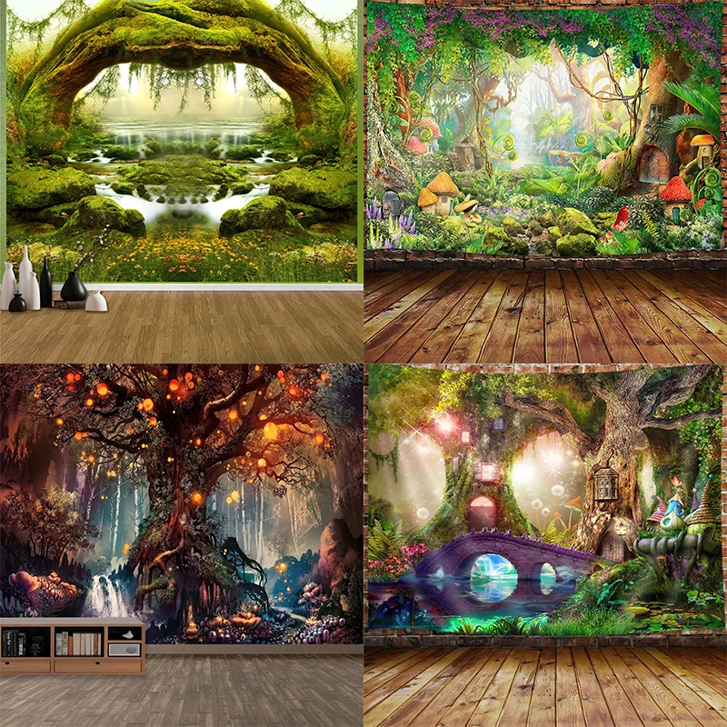 Fantasy-forest-landscape-tapestry-flowers-and-plants-misty-tree-hole ...