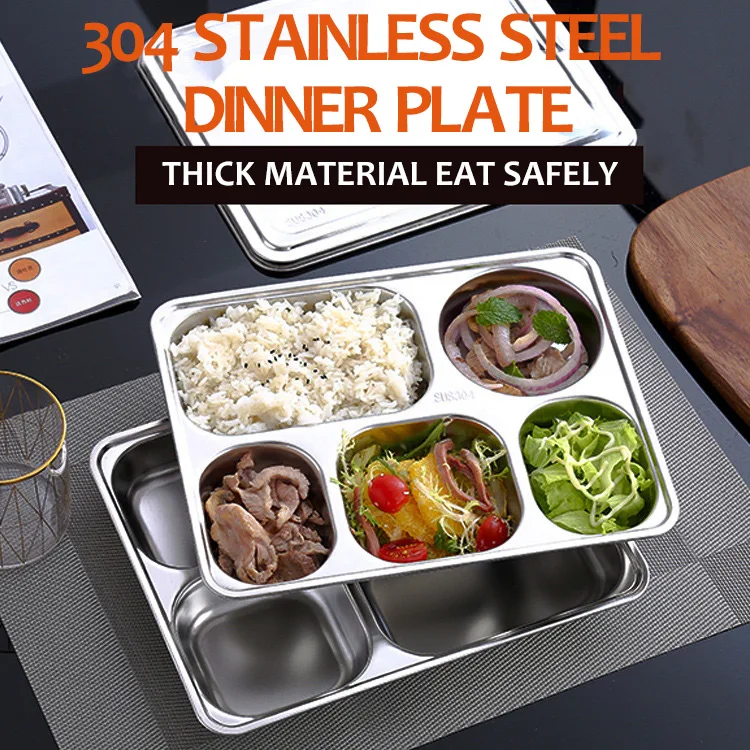 Student-Canteen-Stainless-Steel-Plate-Lid-Fast-Food-Plate-3-Deep-Grids ...