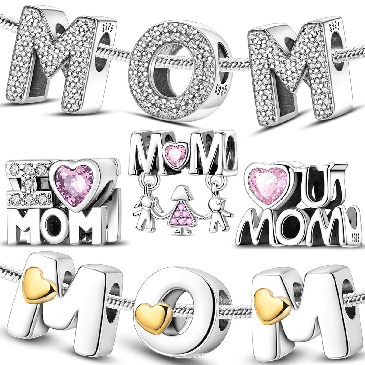 I Love Mom Charms Bead 925 Sterling Silver CZ Zircon Mother's Day Gift ...