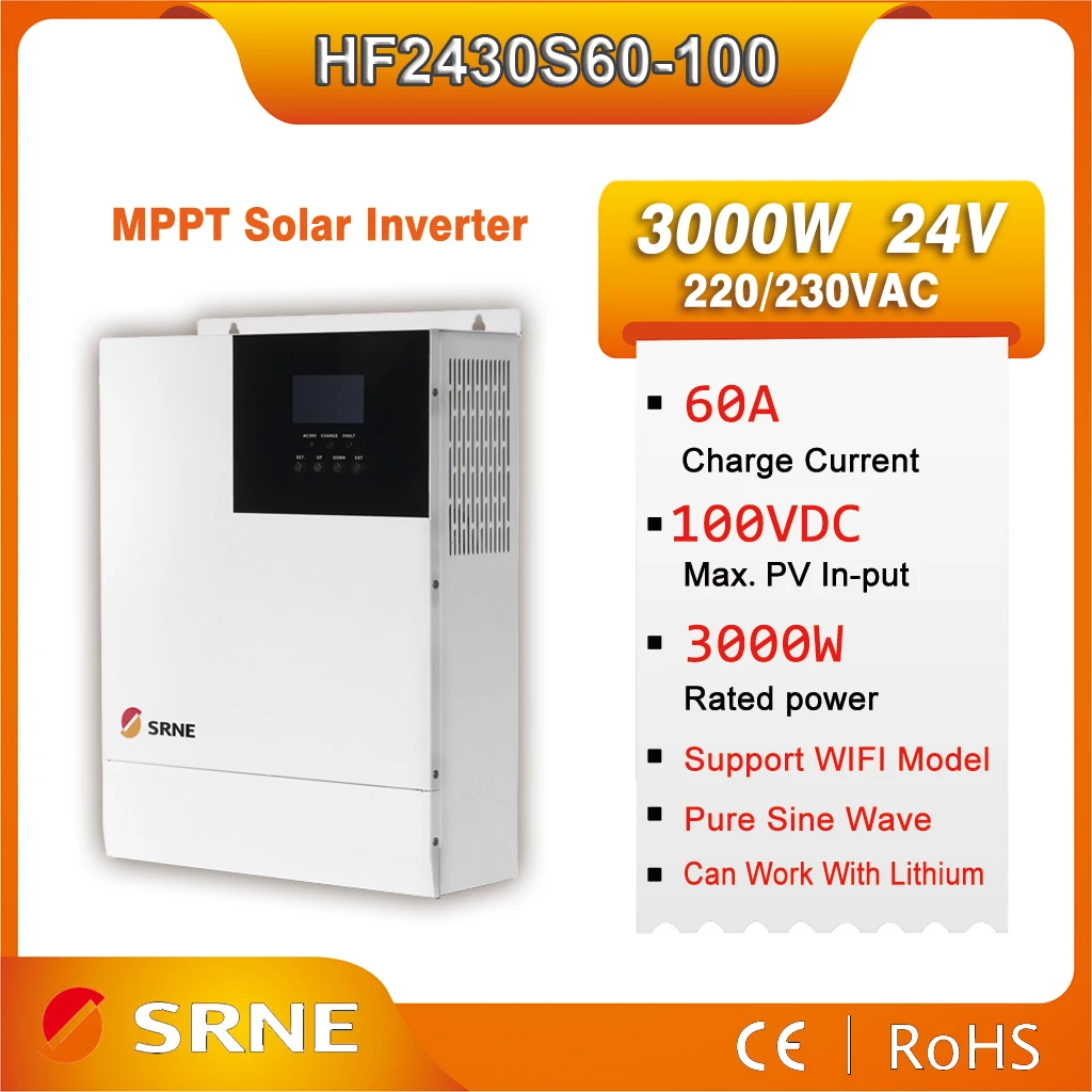 SRNE inversor Solar MPPT de 3KW/3KVA, 60A, 24V, 220/240V, PV, entrada máxima de 100VDC, para ...