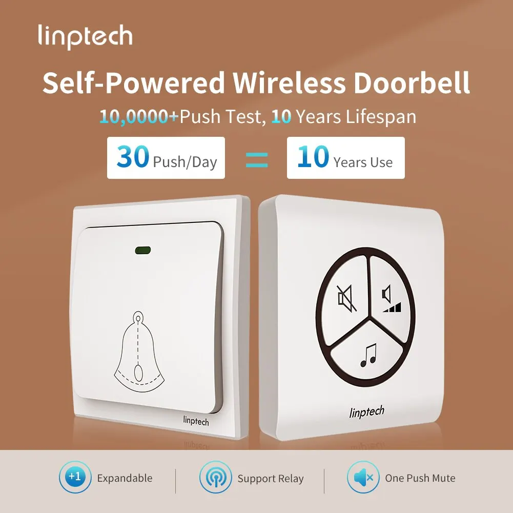 Linptech Self-Powered Wireless Doorbell G1,3 Level Volume with 105dB Loud Chime,IPX5 Waterproof ...