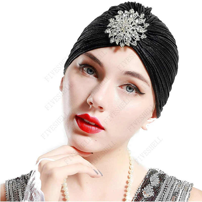 Women's Ruffle Turban Hat Knit Turban Headwraps with Detachable Crystal ...