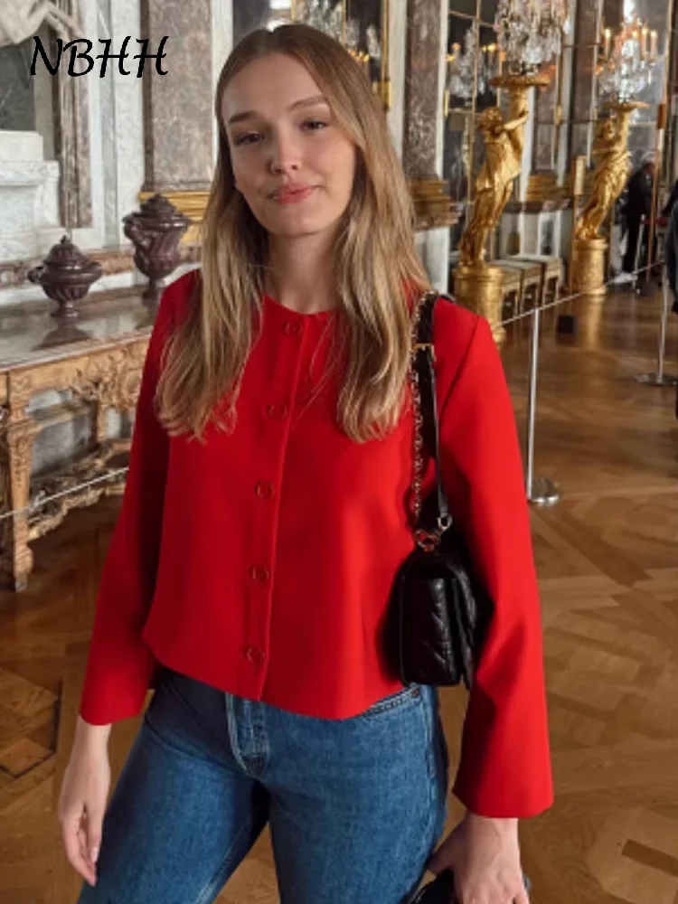 Elegant Red Short Jacket Coats Women O-neck Single-breasted Long Sleeve ...