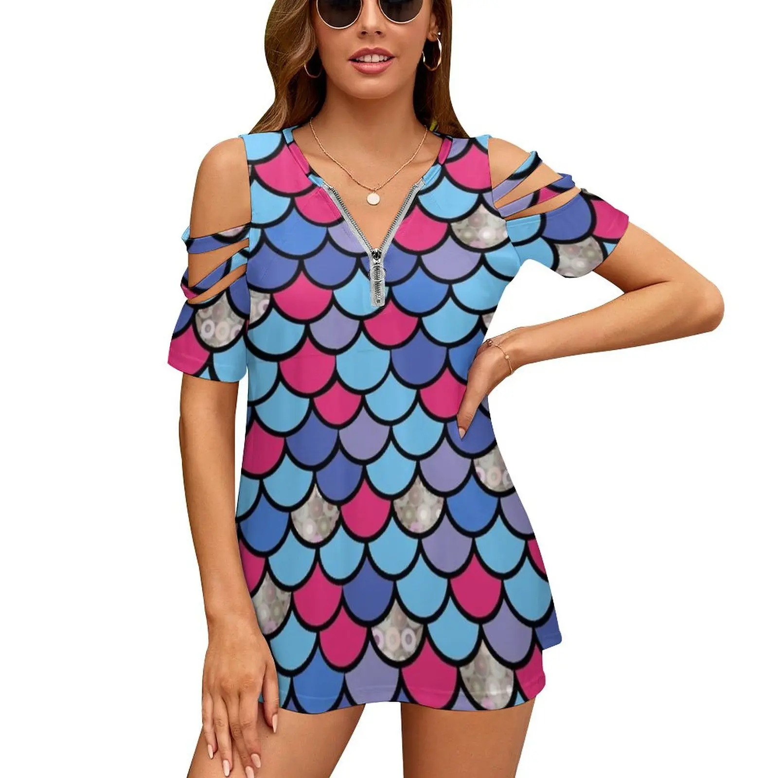 Rainbow-Fish-Scales-Women-Zipper-Sexy-Printed-Vintage-T-Shirts-Tops ...