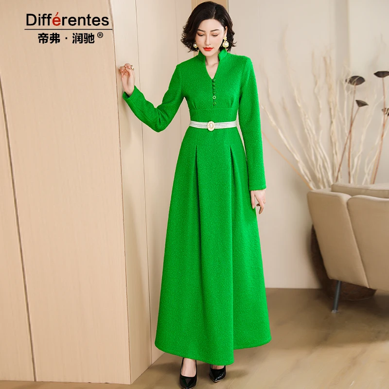 Green-Woolen-Long-Winter-Dress-V-neck-Cashmere-Dress-Office-Lady ...