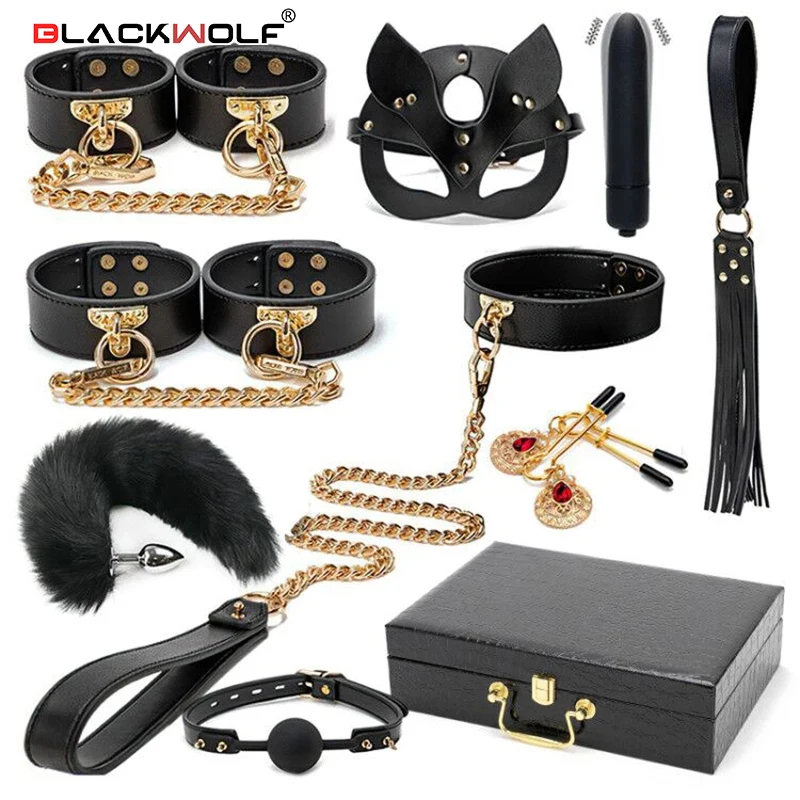 BLACKWOLF-Kit de Bondage BDSM para mujeres y parejas, juego de esposas de cuero genuino, Collar ...