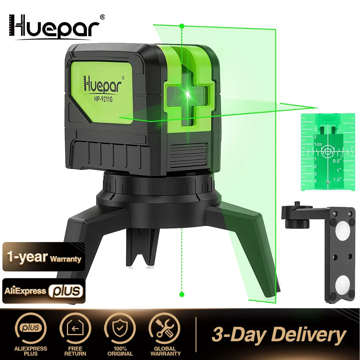 Huepar-Cross-Line-Laser-Level-with-2-Plumb-Dots-9211G-Green-Beam-180 ...