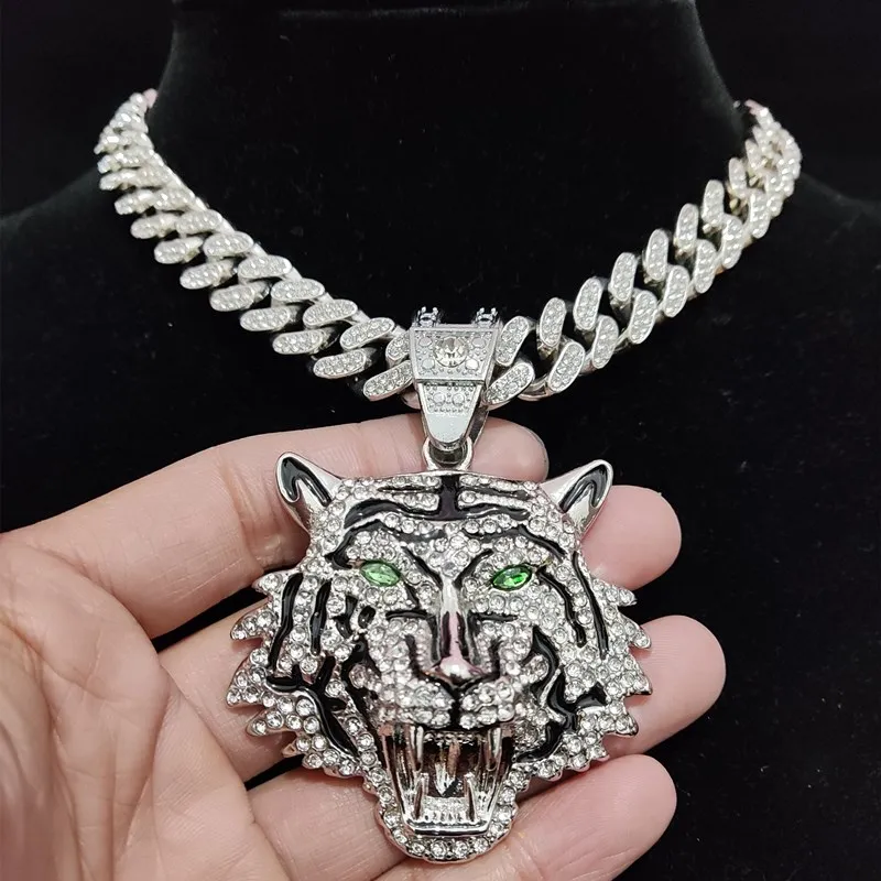 Men Women Hip Hop Tiger Pendant Necklace with 13mm Crystal Cuban Chain ...