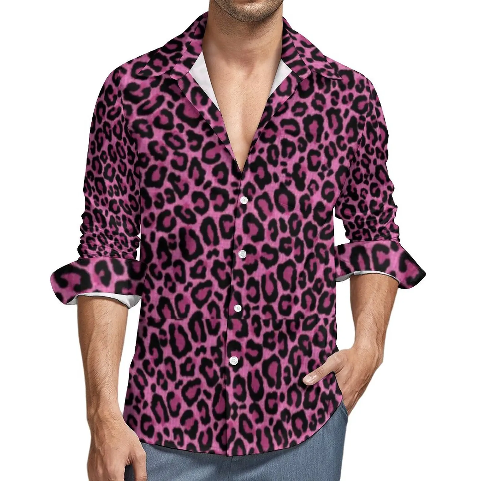 Funky-Leopard-Print-Casual-Shirts-Men-Pink-Black-Spots-Print-Shirt-Long ...