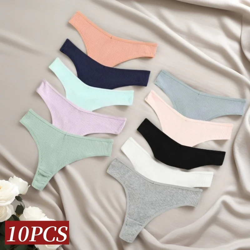 10Pcs/Set Cotton Panties V-Shape Waist Women G-string Thongs Female ...